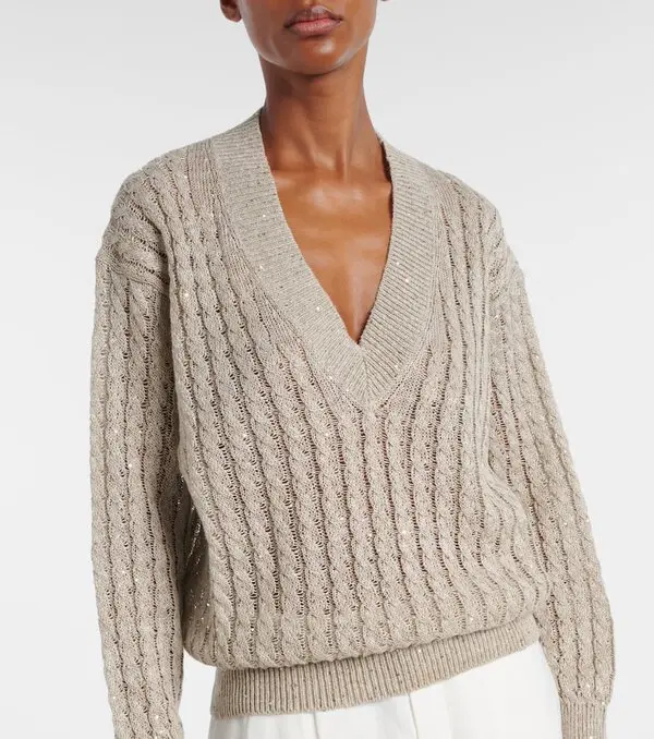 Brunello Cucinelli Sequined Linen-blend V-neck Sweater