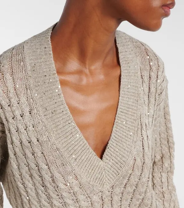 Brunello Cucinelli Sequined Linen-blend V-neck Sweater