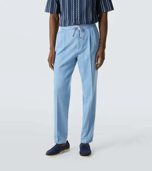 Brunello Cucinelli Pleated Straight-leg Cotton Trousers - Blue