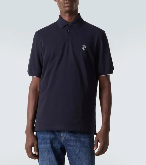 Brunello Cucinelli Embroidered Cotton Piqué Polo Shirt - Blue