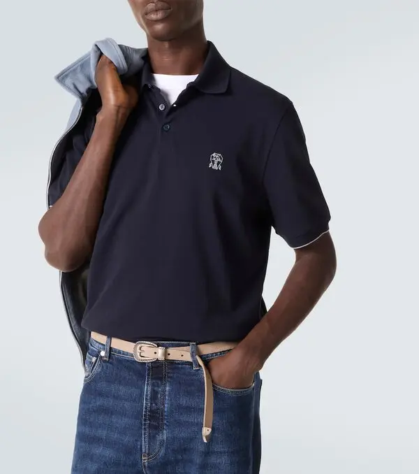 Brunello Cucinelli Embroidered Cotton Piqué Polo Shirt - Blue