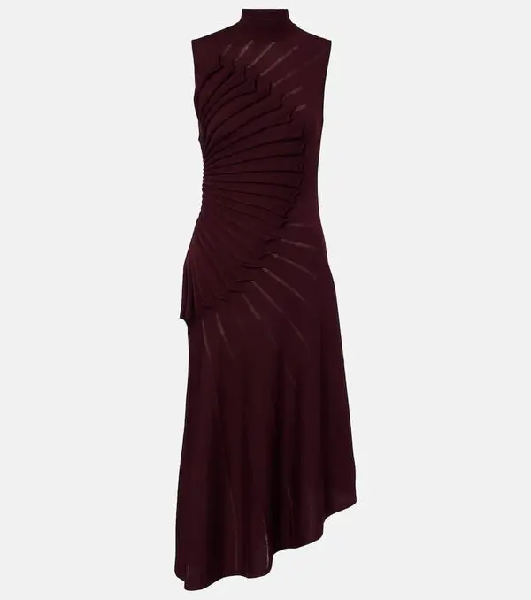 Alaïa Asymmetric Pleated Wool Midi Dress - Burgundy