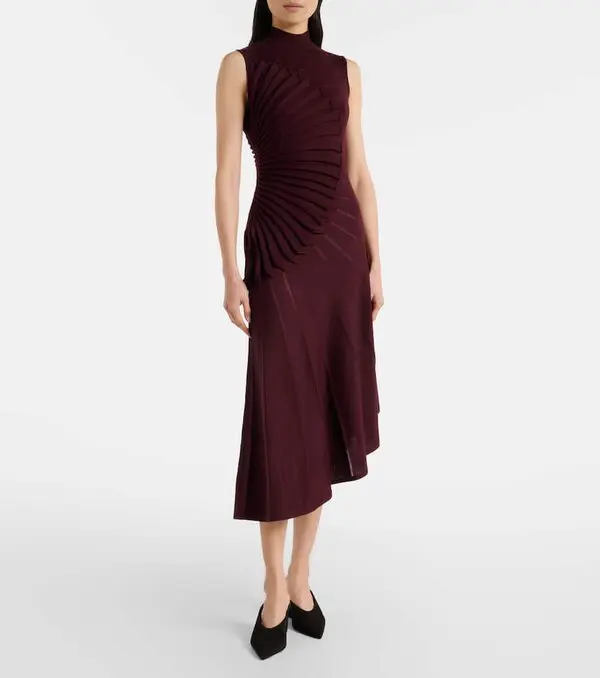 Alaïa Asymmetric Pleated Wool Midi Dress - Burgundy