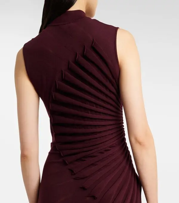 Alaïa Asymmetric Pleated Wool Midi Dress - Burgundy