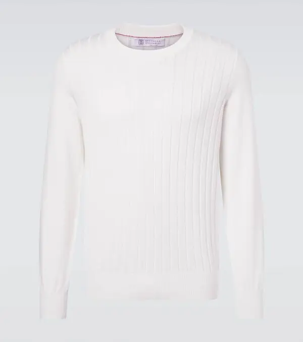 Brunello Cucinelli Ribbed-knit Cotton Crewneck Sweater - White