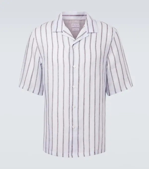 Brunello Cucinelli Striped Linen Bowling Shirt - Blue