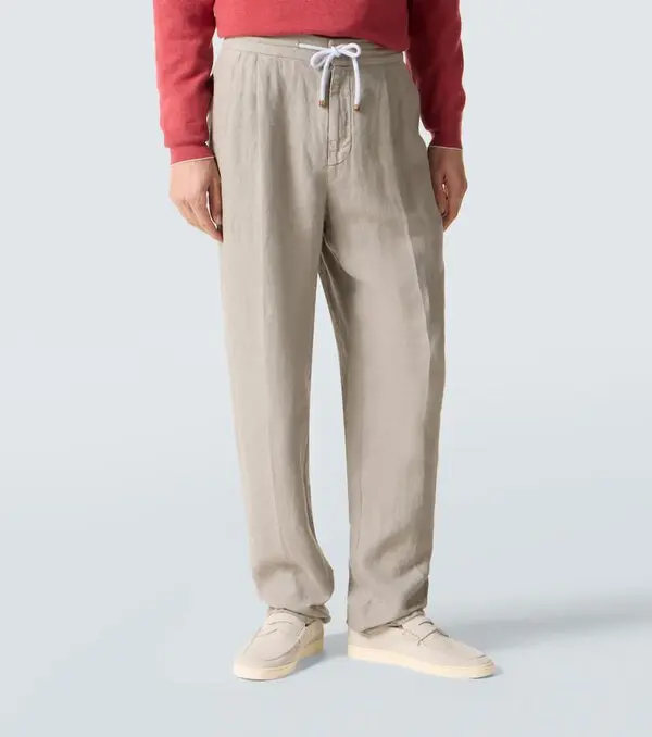 Brunello Cucinelli Pleated Linen Straight Pants - Grey