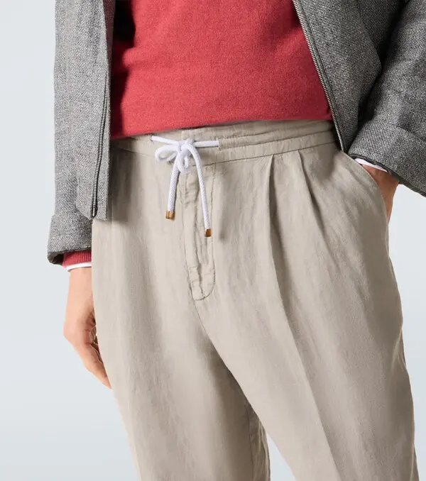 Brunello Cucinelli Pleated Linen Straight Pants - Grey