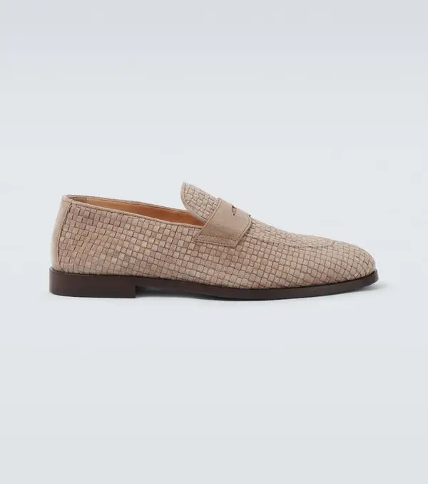 Brunello Cucinelli Woven Suede Penny Loafers - Beige