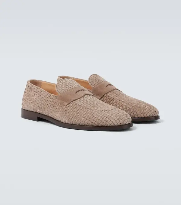 Brunello Cucinelli Woven Suede Penny Loafers - Beige