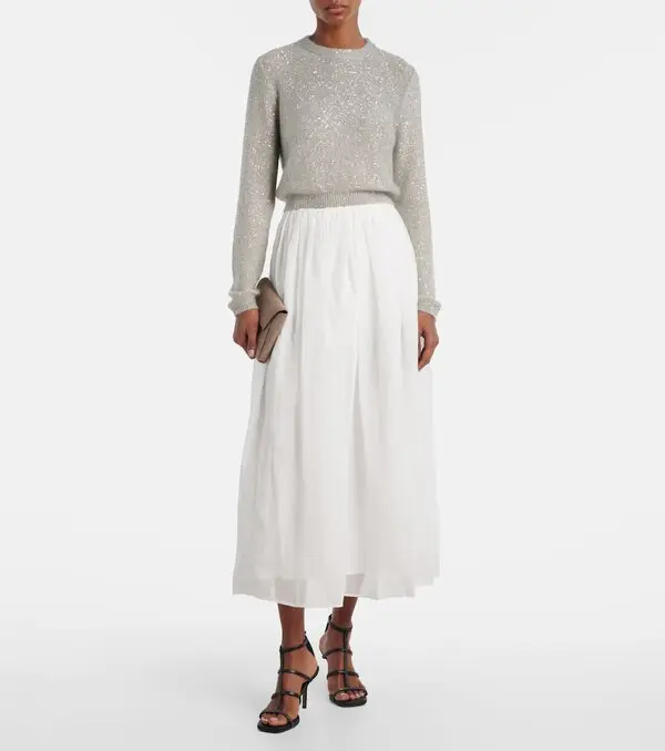 Brunello Cucinelli Cotton And Tulle Midi Skirt - White