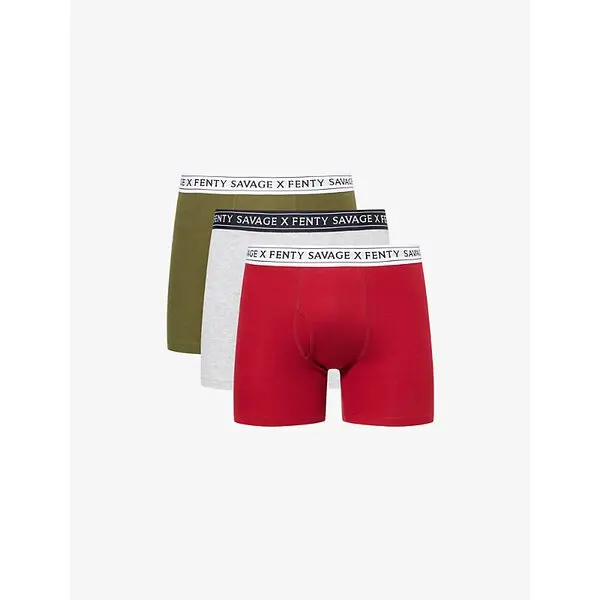 SAVAGE X FENTY Classics Pack Of Three Stretch-cotton Boxer Briefs - Red/green/grey Heather