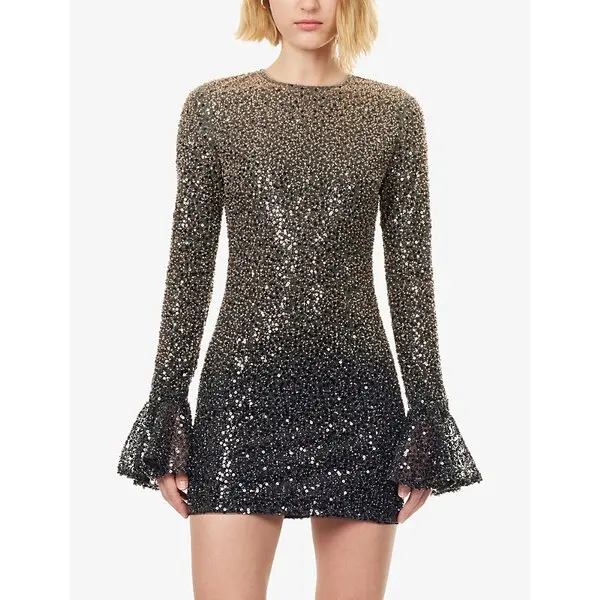ROTATE BY BIRGER CHRISTENSEN Beaded Ruffled-cuffs Woven Mini Dress