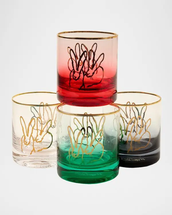 HUNT SLONEM Holiday Double Bunny 10 Oz. Old-fashioned Glasses, Set Of 4 - Multi
