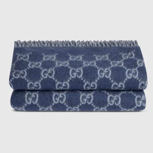 Gucci Reversible Gg Wool Cashmere Blanket - Blue