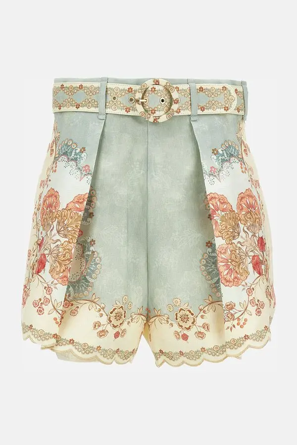Zimmermann Pleated Linen Shorts With Belt - Multicolor