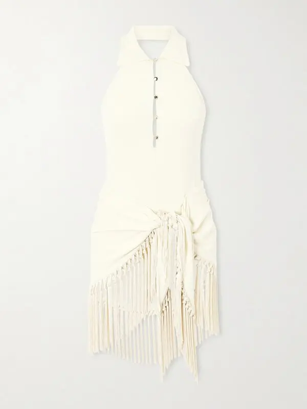 TALLER MARMO Tropicana Halterneck Swimsuit And Fringed Pareo Set - Ivory