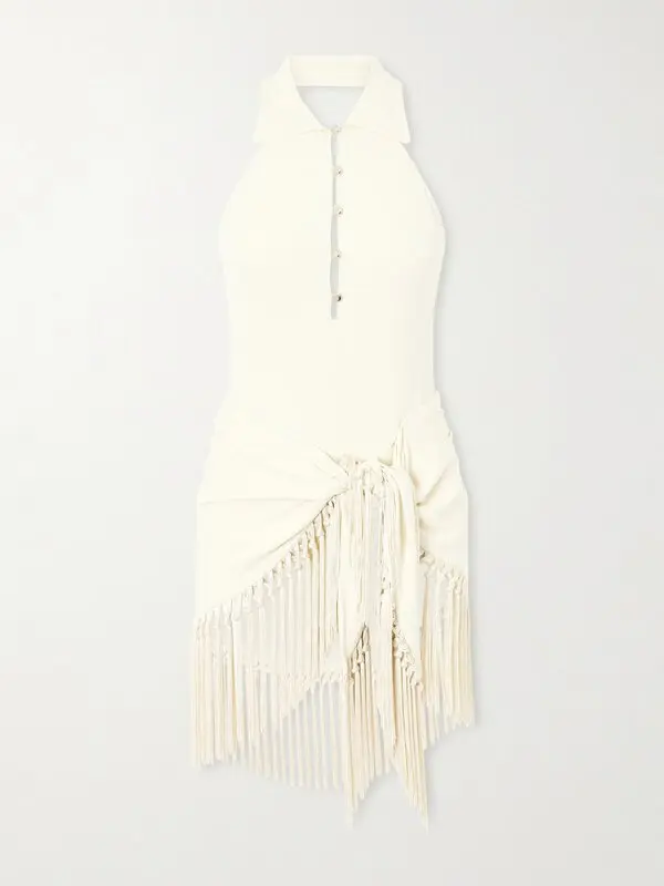 TALLER MARMO Tropicana Halterneck Swimsuit And Fringed Pareo Set - Neutrals