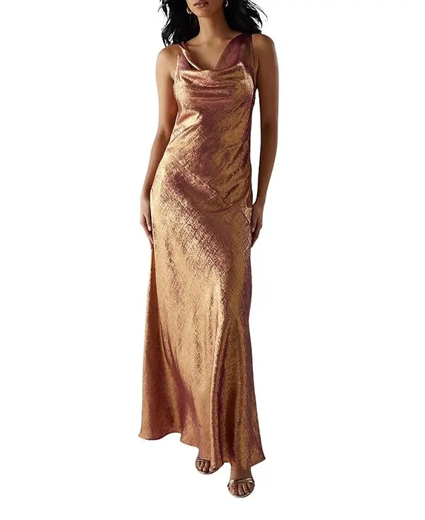 WAREHOUSE Metallic Lamé Cowl Neck Maxi Dress