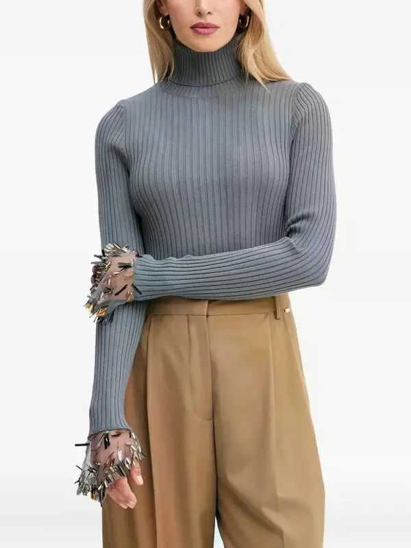 SIMONA CORSELLINI Embellished Ribbed Knit Turtleneck Sweater