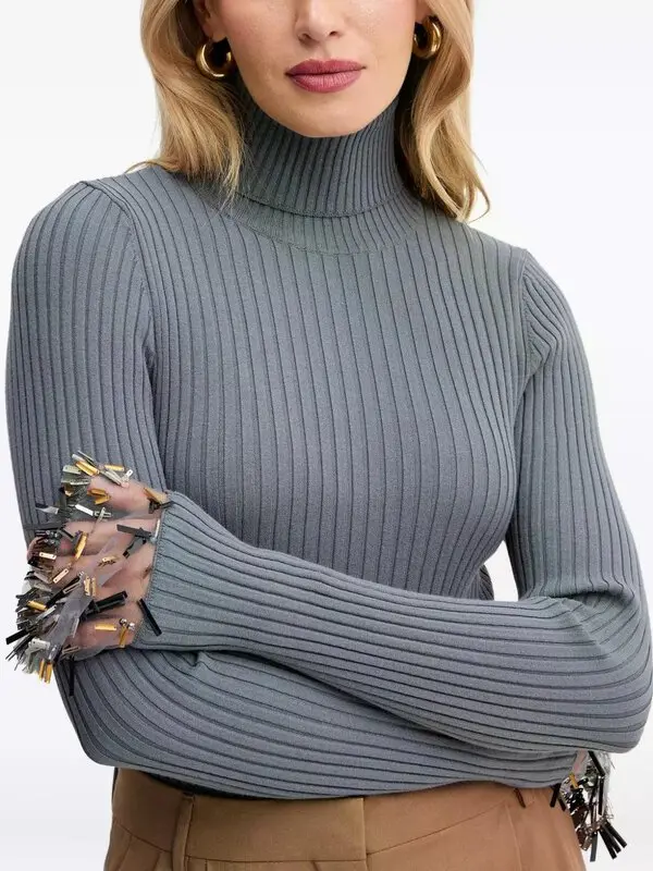SIMONA CORSELLINI Embellished Ribbed Knit Turtleneck Sweater