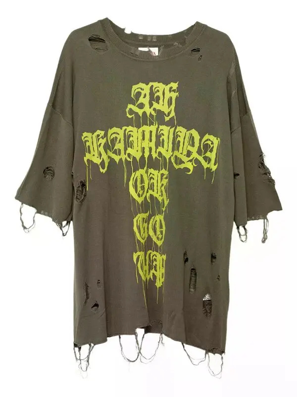 KAMIYA Cross-print Distressed T-shirt - Green