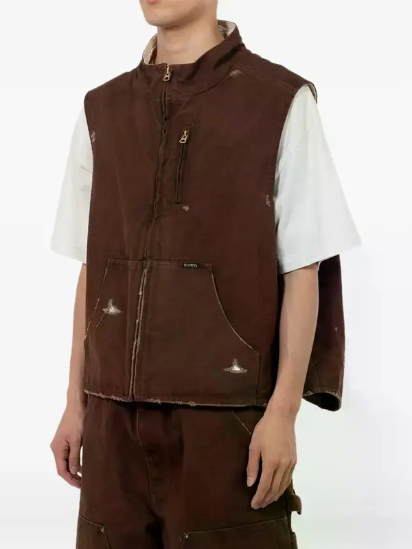 KAMIYA Distressed Zip-up Vest - Brown