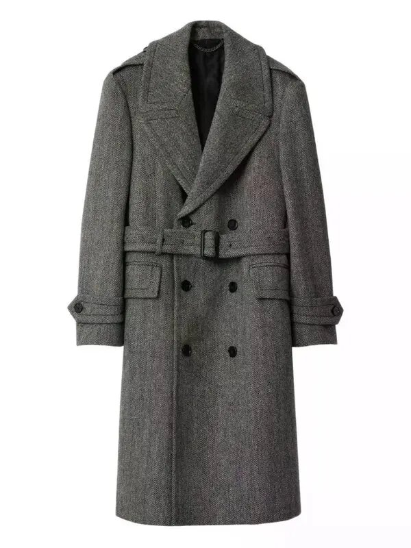 Burberry Herringbone-pattern Belted Wool Trench Coat
