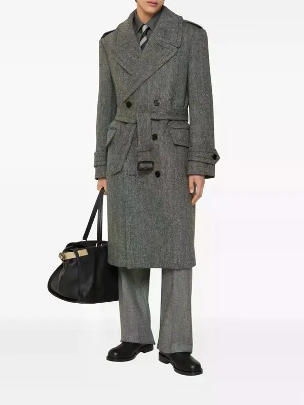 Burberry Herringbone-pattern Belted Wool Trench Coat