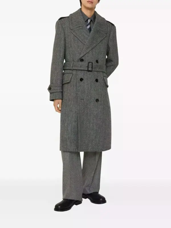 Burberry Herringbone-pattern Belted Wool Trench Coat