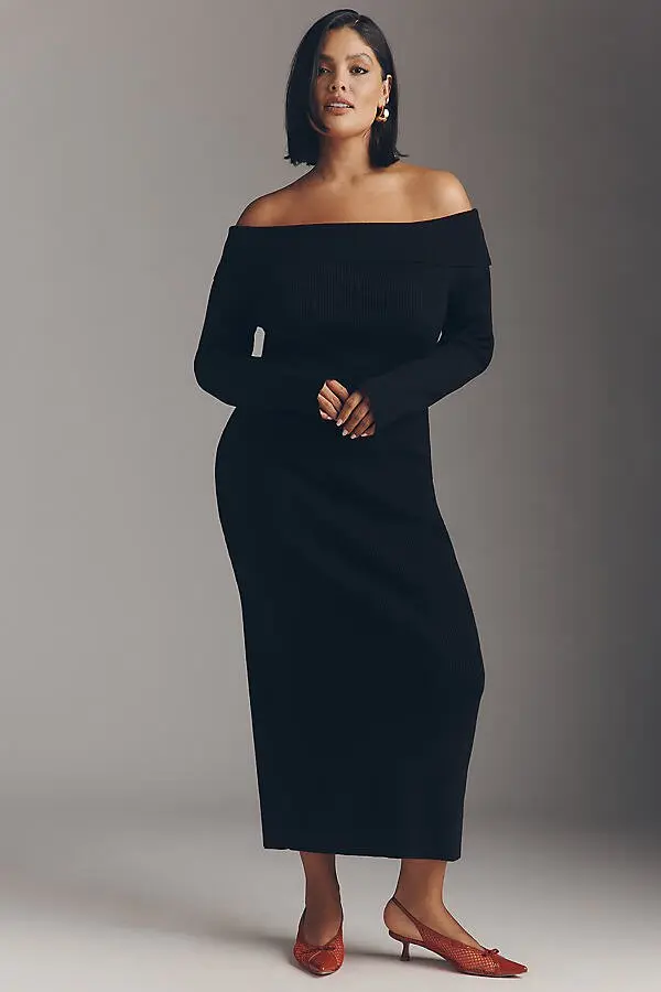 Glamorous Petite Off-Shoulder Knit Midi Dress - Black - 39% Off |  Editorialist