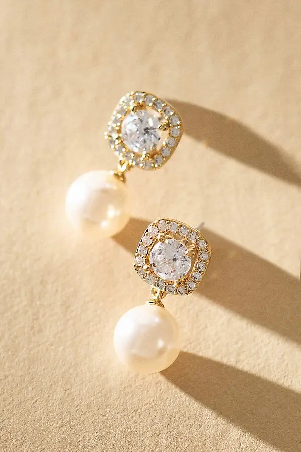 Nadri Cushion Crystal Halo Pearl Earrings - Gold