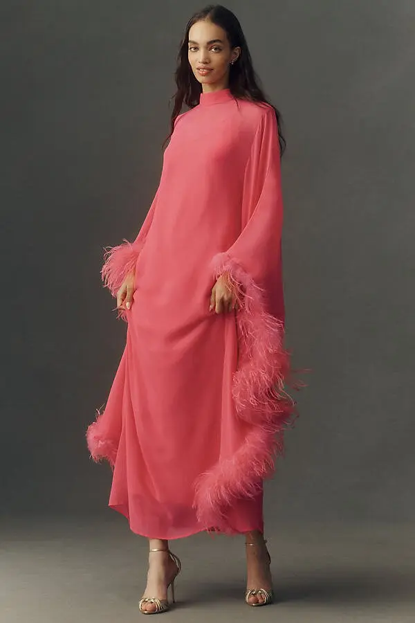 HUTCH Feathered Cuff Satin Kaftan - Coral