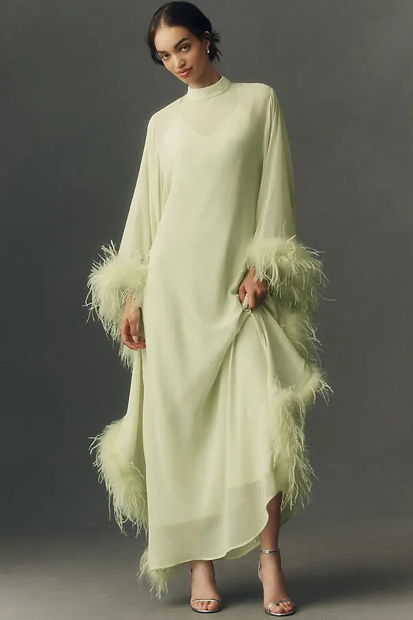 HUTCH Feathered Cuff Satin Kaftan - Green