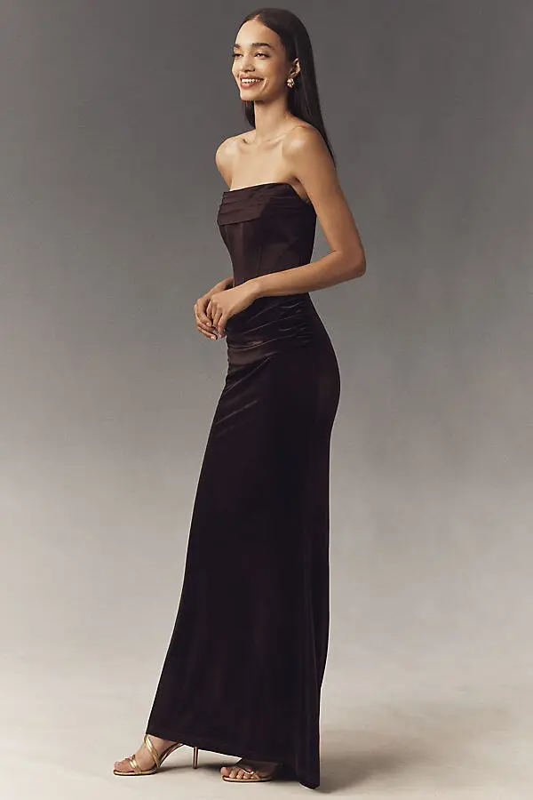 velvet strapless dress black HAPPY CLOTHING VELVET V-NECK PETAL STRAPLESS MAXI DRESS IN Black main image 0