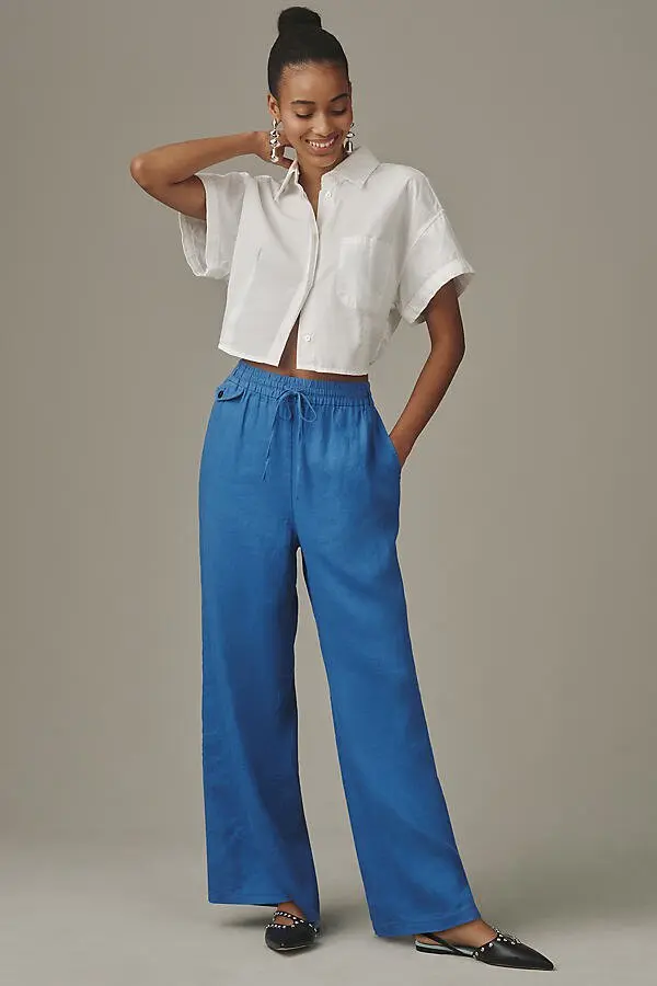 Maeve Brooklin Linen Tie-front Pull-on Pants - Smoked Blue