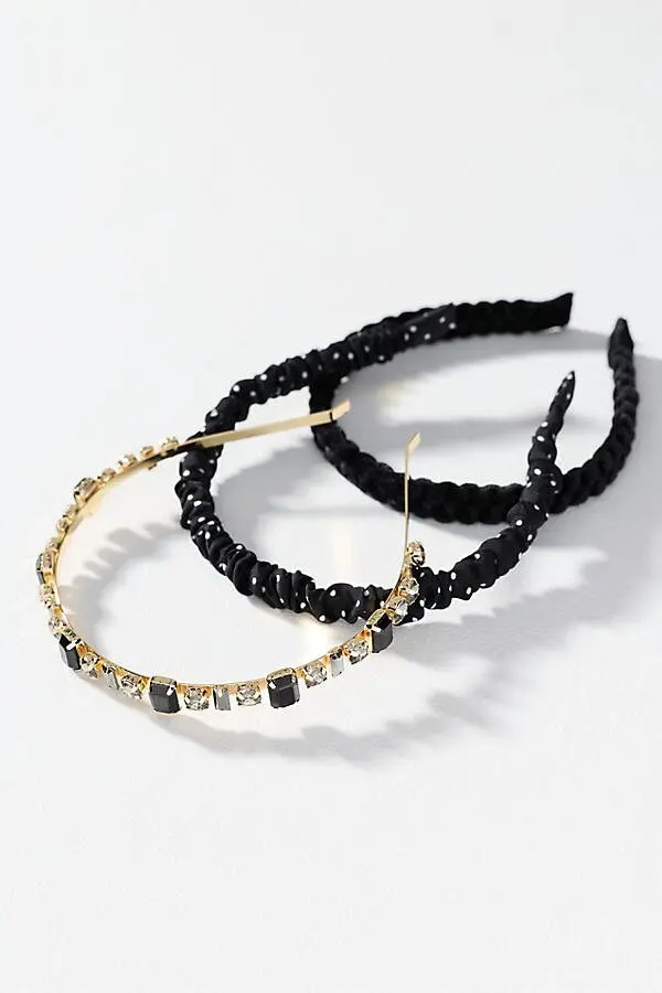 Anthropologie Assorted Crystal Headband Set Of 3 - Black Polka Dots