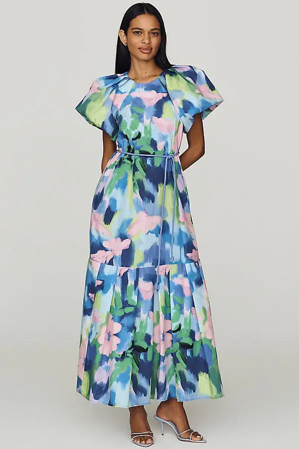 DE LORETA Short-sleeve Maxi Dress - Blue Pattern