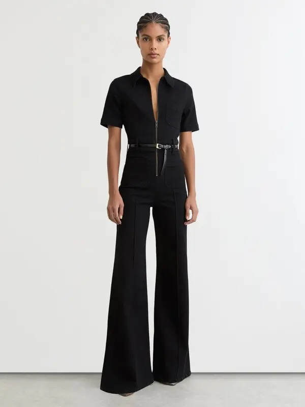 REISS Danie Wide-leg Zip-through Denim Jumpsuit - Black