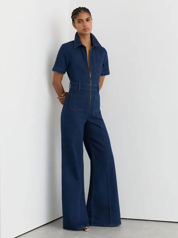 REISS Danie Wide-leg Zip-through Denim Jumpsuit - Indigo Blue