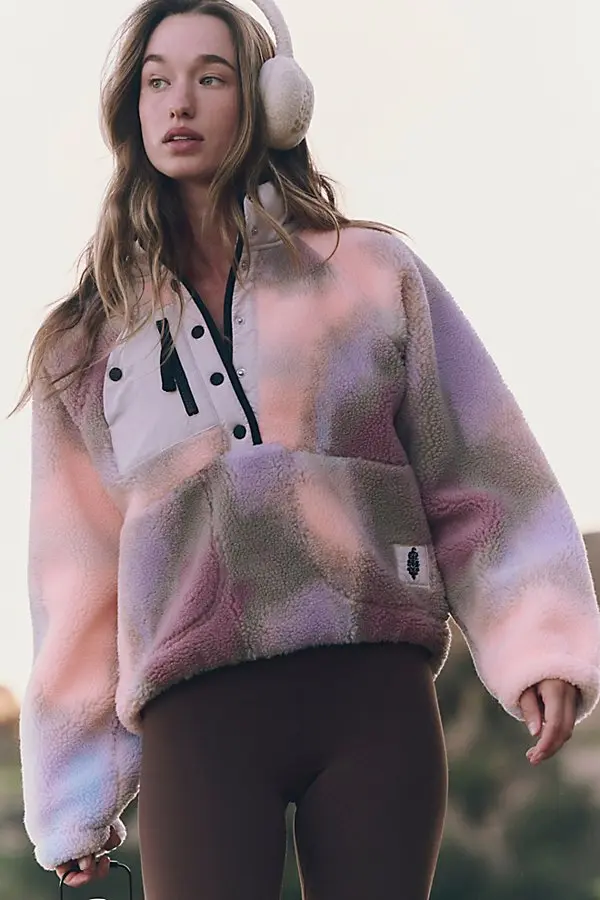 Free People Hit The Slopes Printed Fleece Pullover - Stone Washed Peach Combo