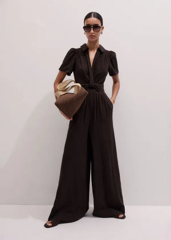 ME+EM Twisted Front Cheesecloth Jumpsuit - Ganache Brown