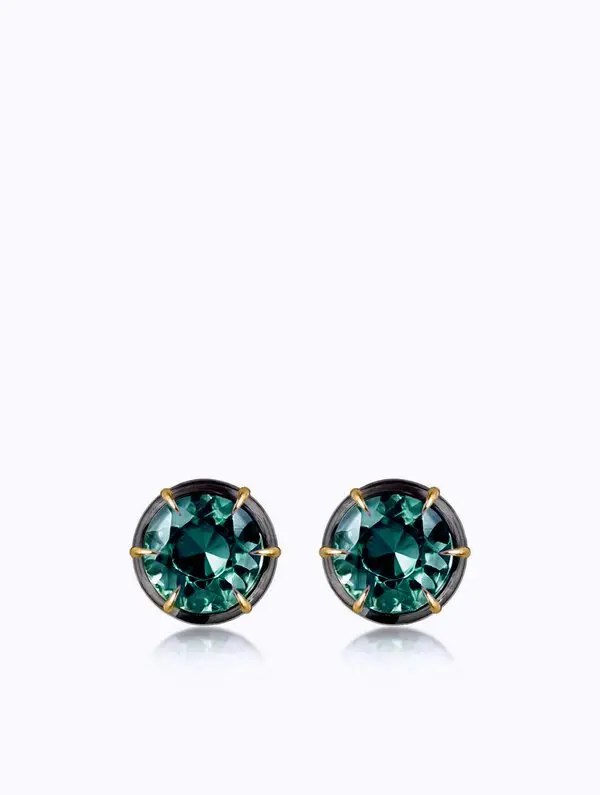 BRIONY RAYMOND Shadow Round Brilliant Teal Sapphire Studs - 18 Karat Yellow Gold