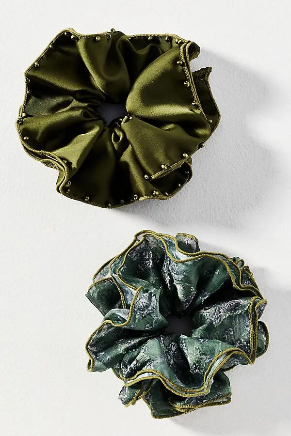 Anthropologie Set Of Studded Scrunchies - Green/cream