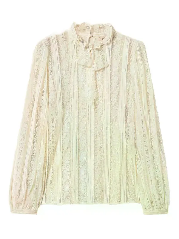 TWINSET Striped Lace Blouse With Pussy Bow Tie Neck - Neutrals