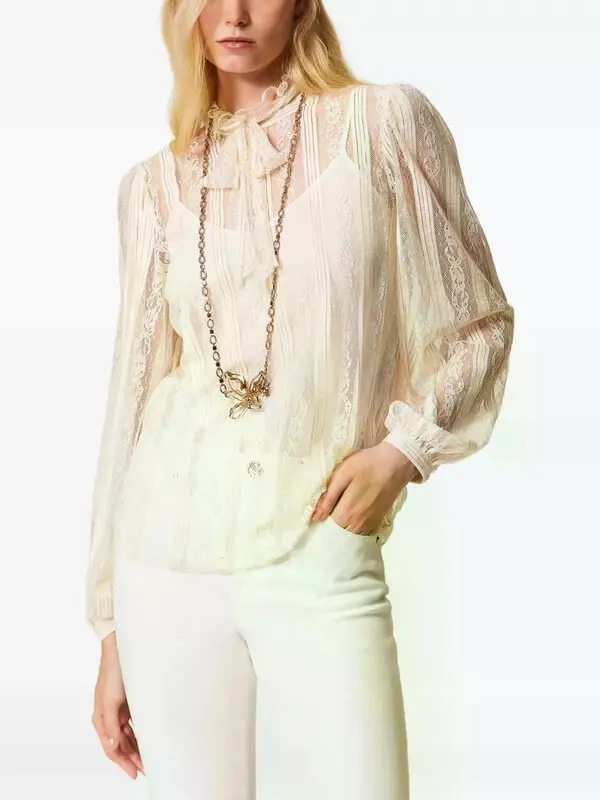 TWINSET Striped Lace Blouse With Pussy Bow Tie Neck - Neutrals