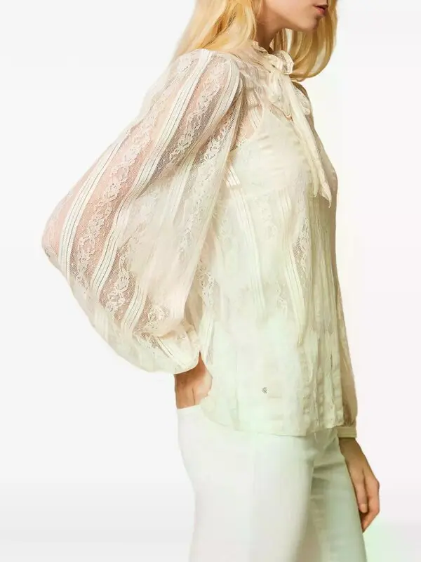 TWINSET Striped Lace Blouse With Pussy Bow Tie Neck - Neutrals