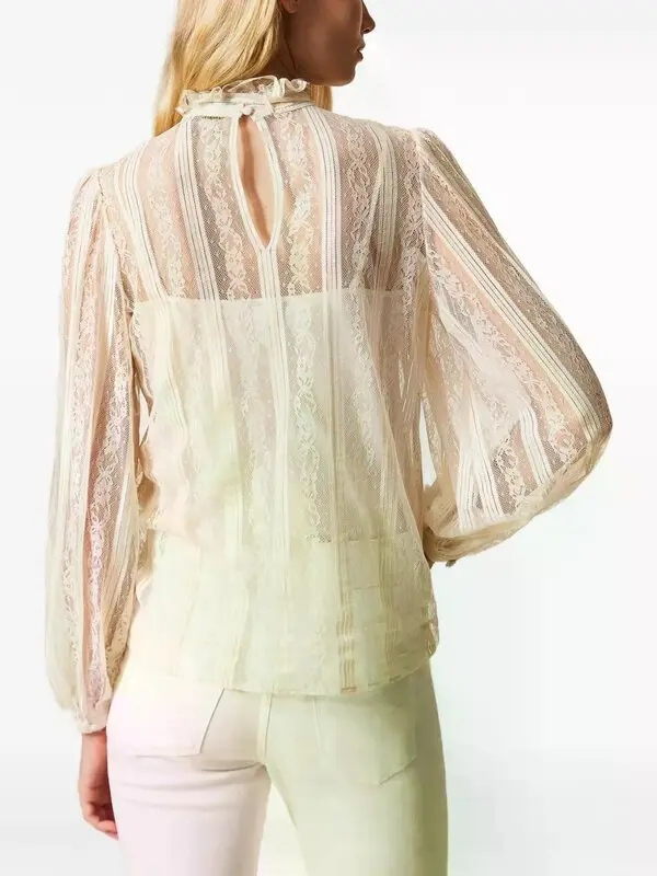 TWINSET Striped Lace Blouse With Pussy Bow Tie Neck - Neutrals