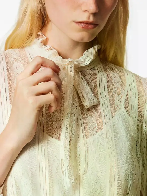 TWINSET Striped Lace Blouse With Pussy Bow Tie Neck - Neutrals