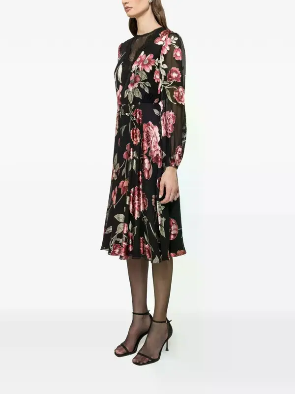 NISSA Floral Print Satin Midi Dress With Lace Trim